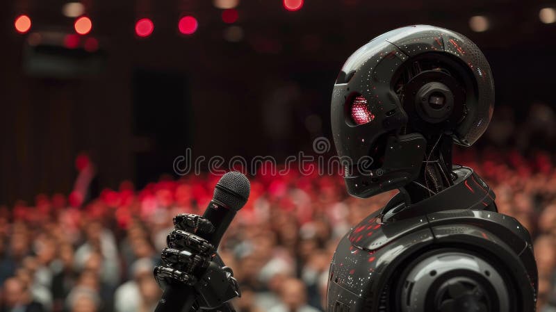 A Robot is Standing in Front of a Crowd of People, Holding a Microphone ...