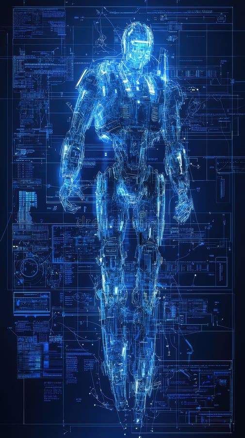 Robot Standing in Front of a Detailed Technical Blueprint Background ...