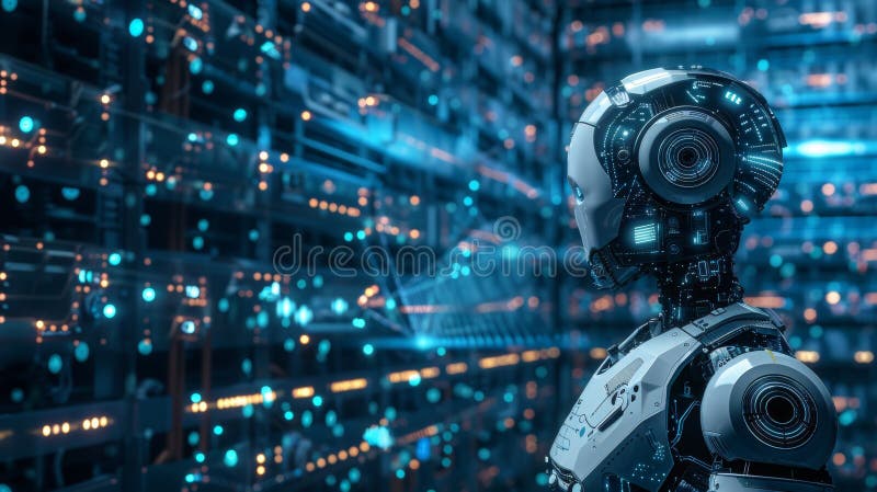 A Robot Standing in Front of a Large Network, AI Stock Illustration ...