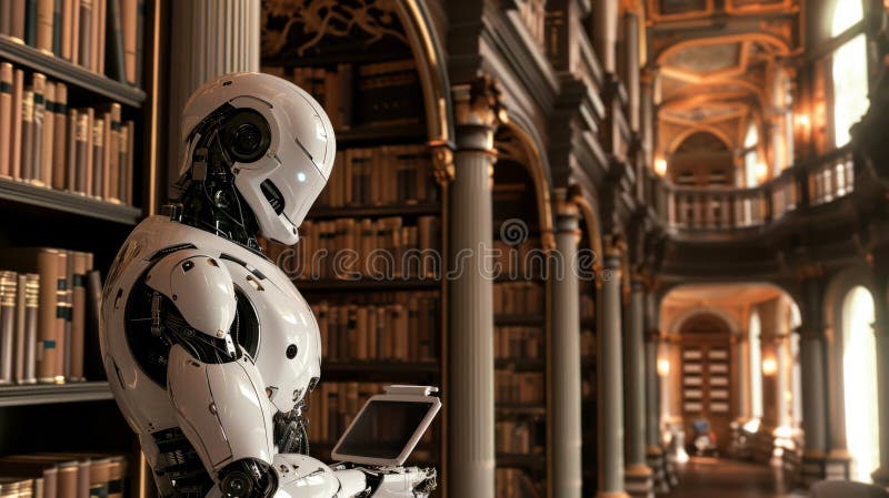 A Robot Standing in Front of a Library with Bookshelves Stock Image ...