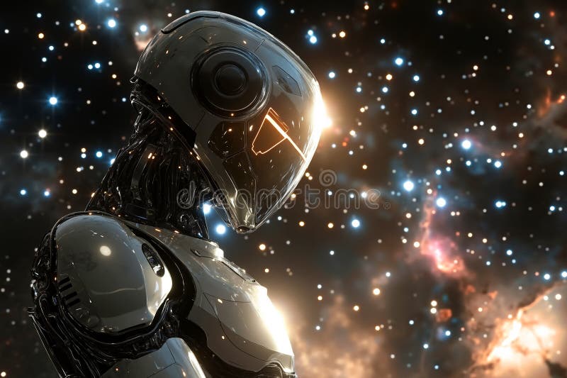 A Robot Standing in Front of a Nebula Filled with Stars Stock Image ...