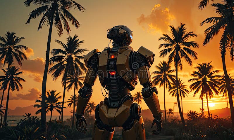 A Robot Standing in Front of a Palm Tree. Stock Illustration ...