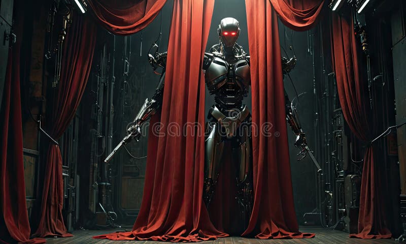 A Robot is Standing in Front of a Red Curtain, with the Curtain Being ...
