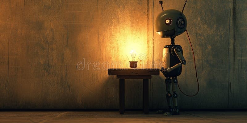 A Robot Stationed beside a Compact Table, Showcasing a Light Bulb ...