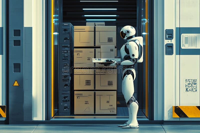 A Robot is Standing in Front of a Stack of Boxes. the Robot Ai Stock ...