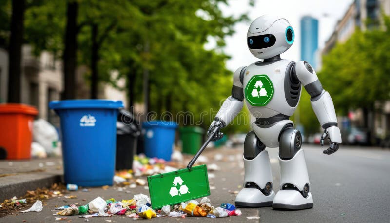 A Robot is Standing in Front of a Trash Can with a Green Sign on it ...