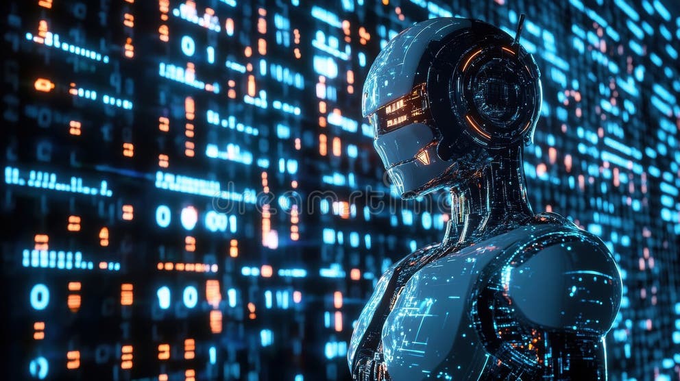 A Robot Standing in Front of a Wall of Numbers Stock Illustration ...