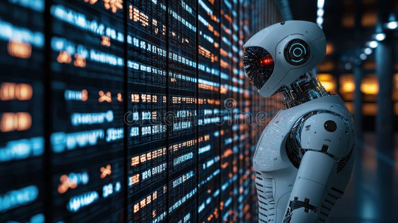 Robot Standing in Front of a Wall of Numbers Representing Big Data and ...