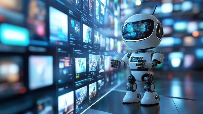 A Robot is Standing in Front of a Wall of Television Screens Stock ...