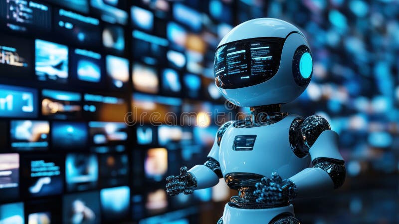 A Robot is Standing in Front of a Wall of Television Screens Stock ...