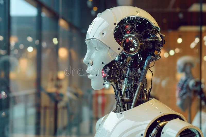 A Robot is Standing in Front of a Window, Observing the Outside View ...