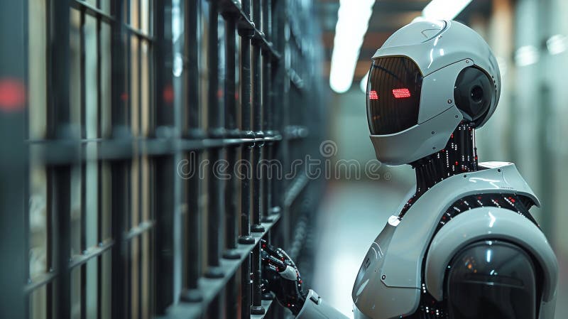 A Robot is Standing in a Jail Cell with Bars on the Wall, AI Stock ...