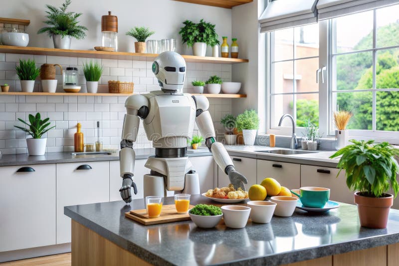 A Robot is Standing in a Kitchen, Preparing Food on the Counter Stock ...