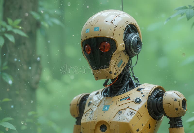 Robot Standing in a Lush Forest with a Serene Atmosphere Stock ...