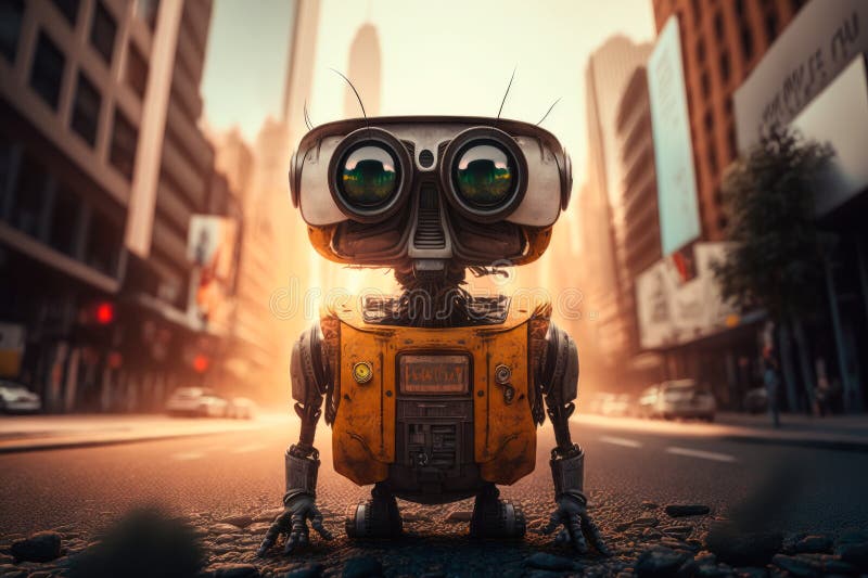 Robot Standing in Field of Wildflowers with Glowing Yellow Eyes ...