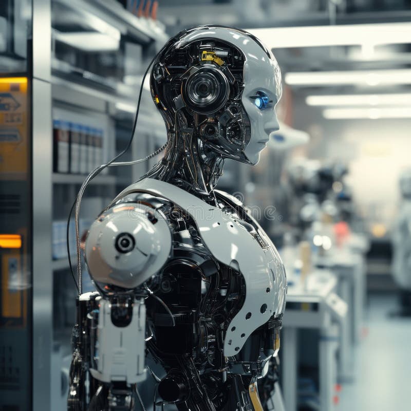 Robot Standing in a Modern Room Next To a Computer with Various Tech ...