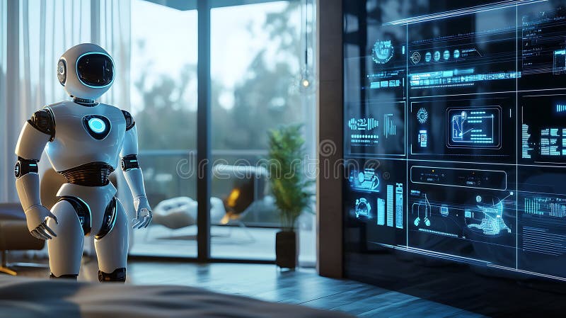 Robot Standing in a Modern Smart Home Interior Stock Illustration ...