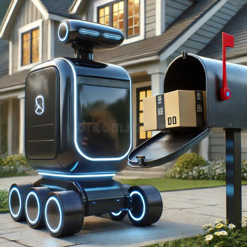 A Robot is Standing Next To a Mailbox with a Box Inside Stock Photo ...