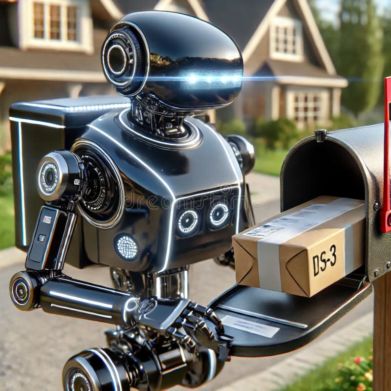 A Robot is Standing Next To a Mailbox and Holding a Package Stock Image ...