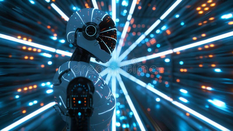 Robot Standing at One End of a Lighting Tunnel Stock Image - Image of ...