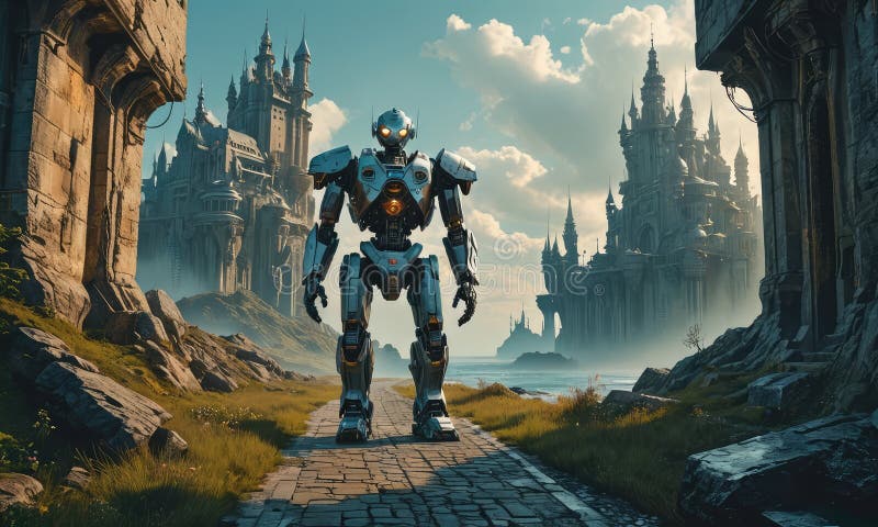 A Robot is Standing on a Path in Front of a Castle. Stock Illustration ...
