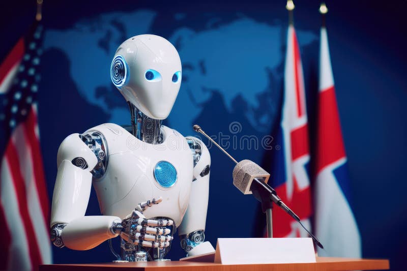 A Robot is Standing at Podium in Front Flag Stock Photo - Image of ...
