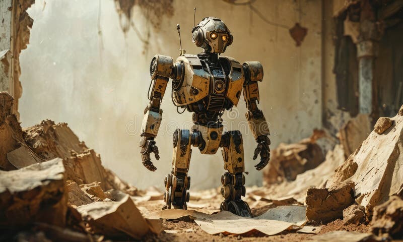 A Robot is Standing in a Room with Rubble and Rubble in the Background ...