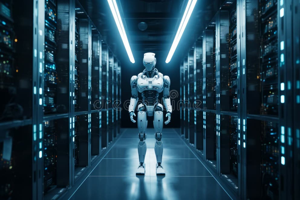 Robot Standing in Server Room in Front of Row of Servers. Generative AI ...