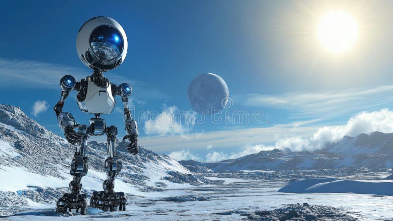 A Robot Standing on a Snowy Surface with a Planet in the Background ...