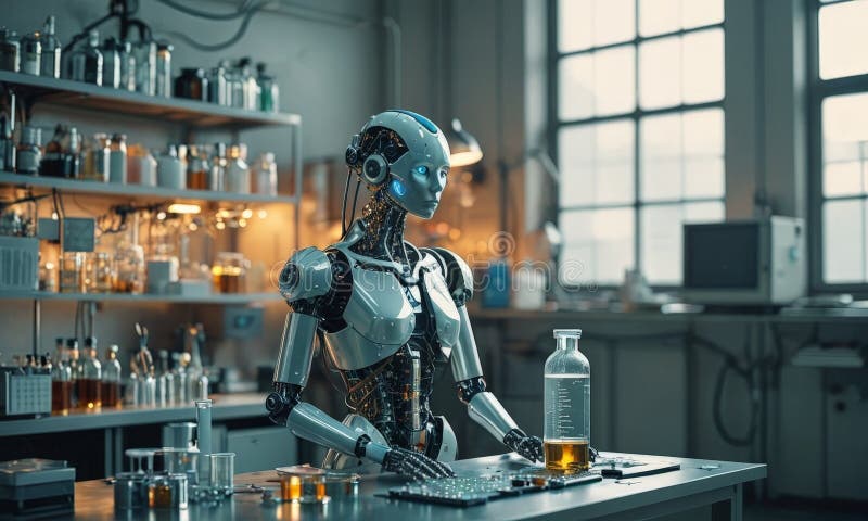 Robot is Standing at Table in Laboratory Stock Illustration ...