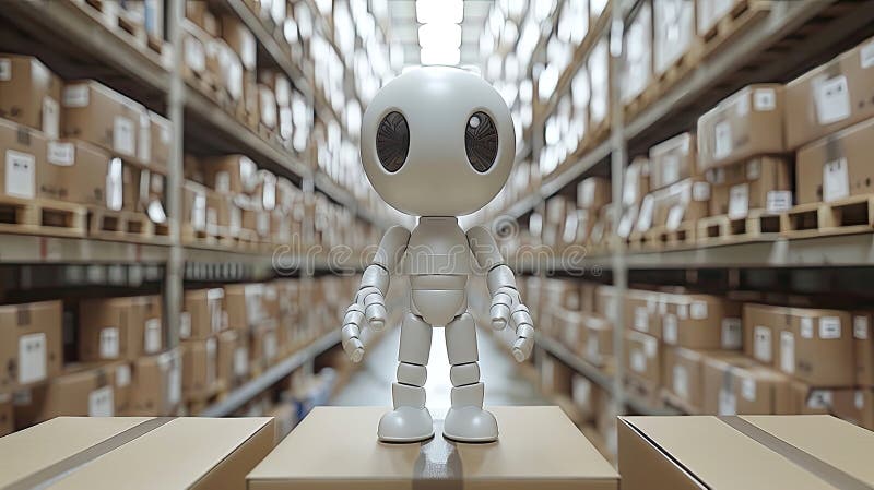 A Robot is Standing on Top of a Stack of Cardboard Boxes in a Warehouse ...