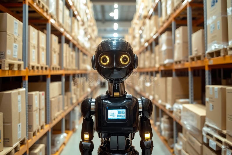 A Robot Standing in a Warehouse with Boxes on Shelves Stock Image ...
