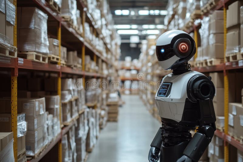 A Robot is Standing in a Warehouse with a Lot of Boxes Stock Photo ...