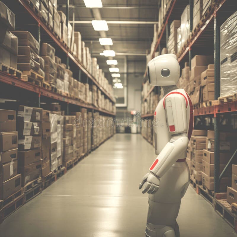 Robot Stands in the Center of a Storage Warehouse, with Various ...