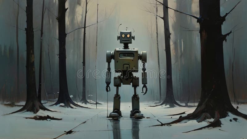 A Robot Stands in a Forest, Surrounded by Trees Stock Illustration ...