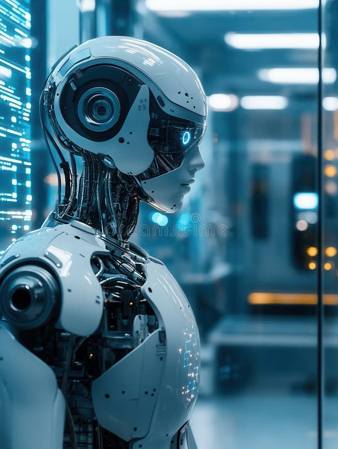 Robot Stands in High-tech Laboratory with Computer Screens and Blinking ...