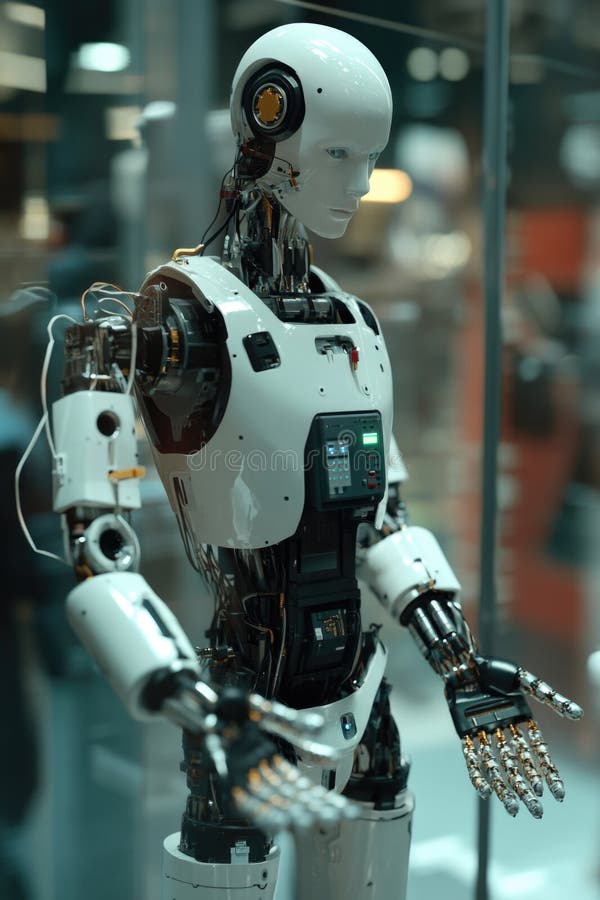 A Robot Stands Inside a Large Glass Display Case Stock Photo - Image of ...