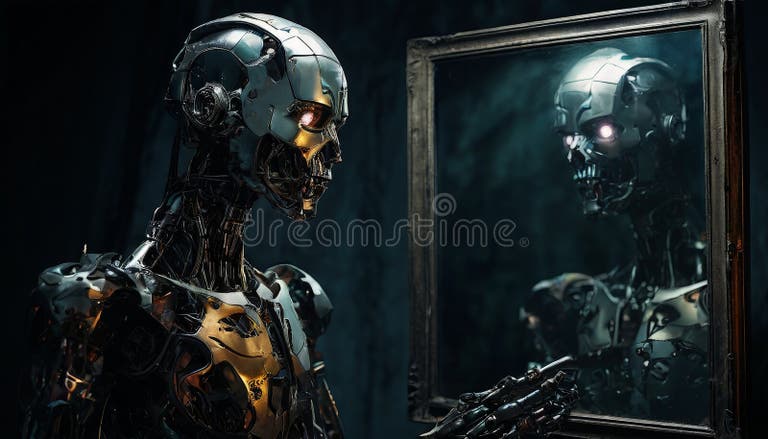Robot Examining Reflection in Mirror, AI Self-awareness Concept Stock ...