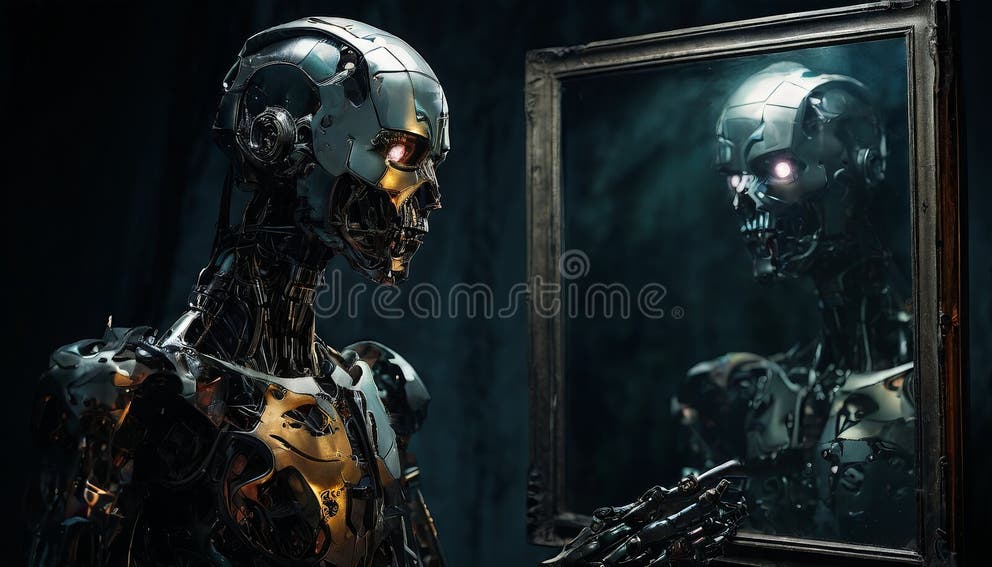 Robot Examining Reflection in Mirror, AI Self-awareness Concept Stock ...