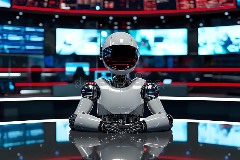 Robot Stands in the Modern News Studio on Blurred Background ...