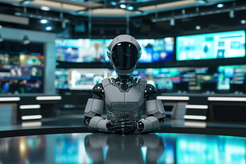 Robot Stands in the Modern News Studio on Blurred Background. Artificial Intelect in Future Life ...