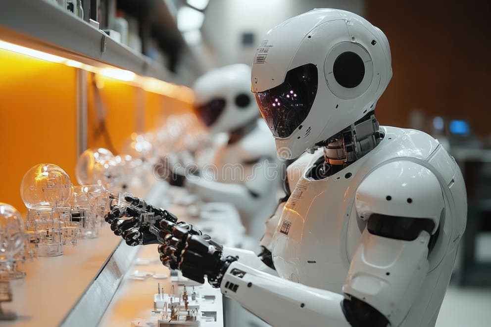 A Robot Stands Near a Shelf with Various Objects and Tools Stock Image ...