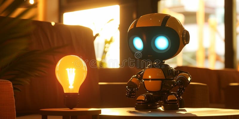 A Robot Stands Near a Small Table, on Which Rests a Light Bulb. Stock ...