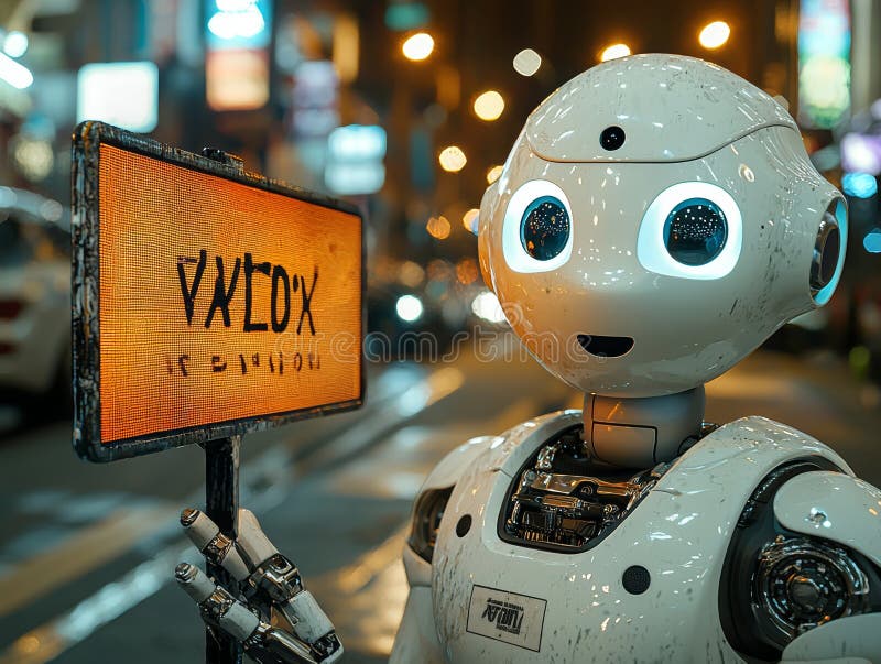 A Robot Stands beside an Orange Sign in a Desert Landscape, Symbolizing ...