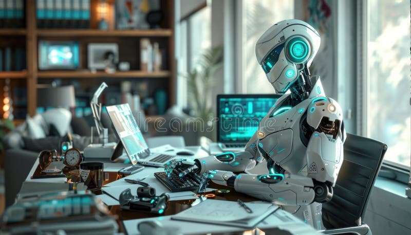 A Robot Sits at a Desk with a Laptop, Working in a Building Stock Image ...