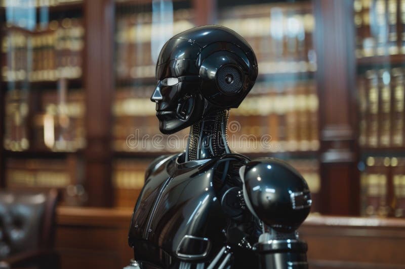 A Robot Statue Sits on a Shelf in a Quiet Library, Surrounded by Books ...