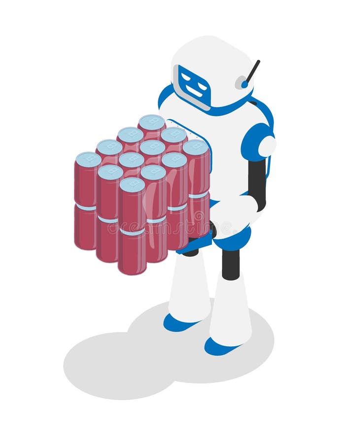 Robot Storekeeper Loader Carries Heavy Package of Tin Cans of Drinks To ...