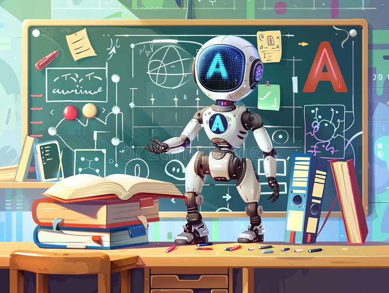 Robot Student Learning in Classroom Stock Illustration - Illustration ...