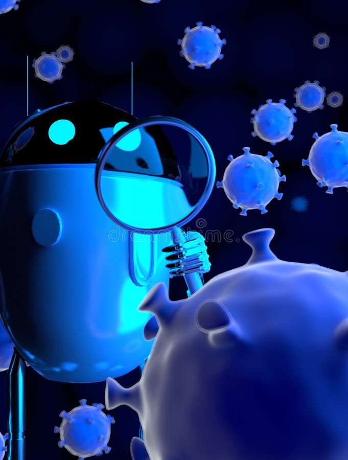 Robot Studies a Coronavirus with Magnifier,nano Robot with Bacterium,3d ...