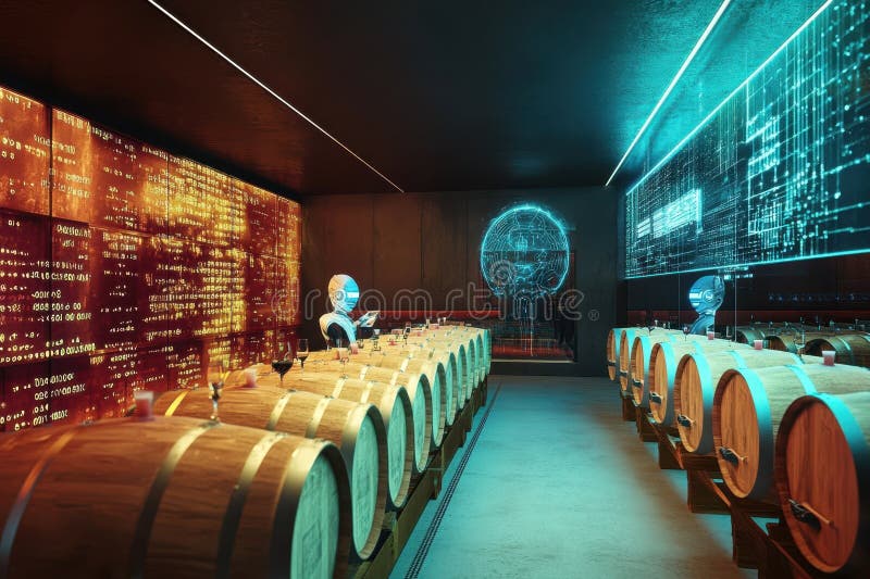 Futuristic Winery with Robot Analyzing Data in a Barrel Room at Night ...